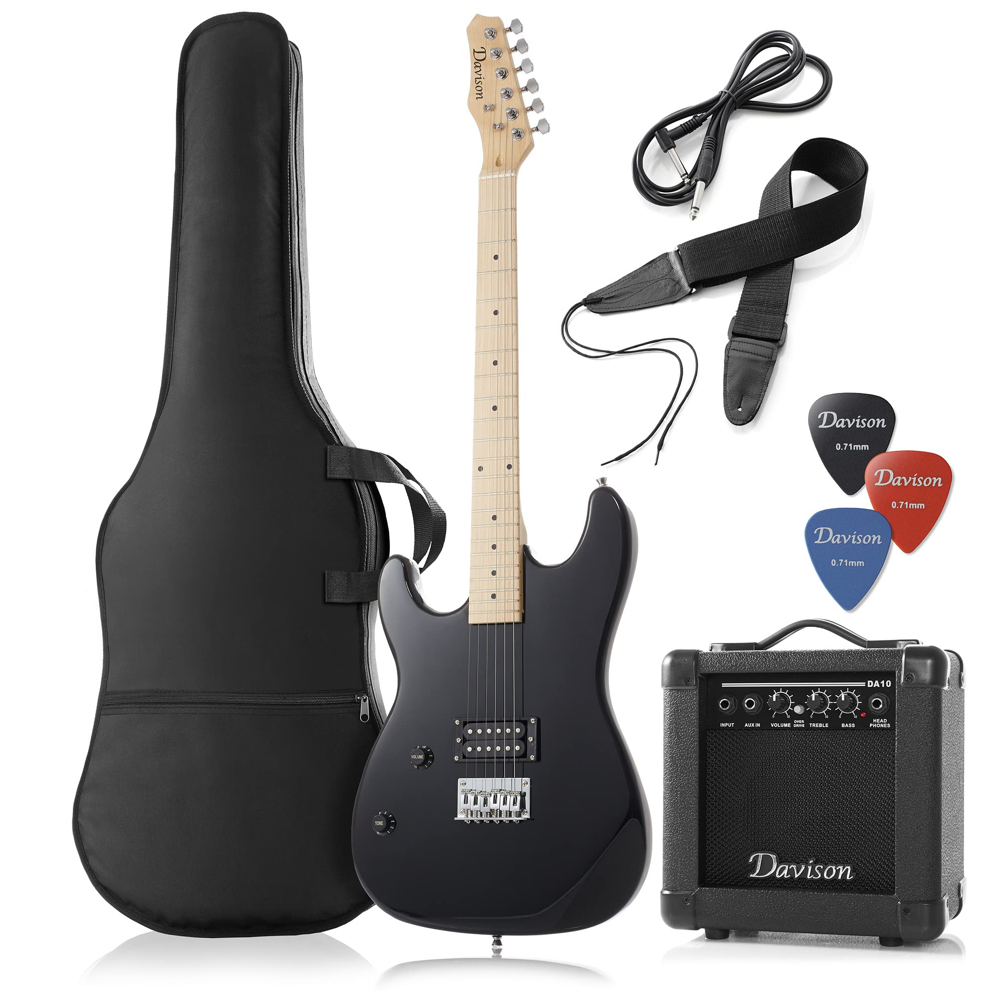Davison Guitars Full Size Black Electric Guitar with Amp, Case and Accessories Pack Beginner Starter Package Left Right Handed