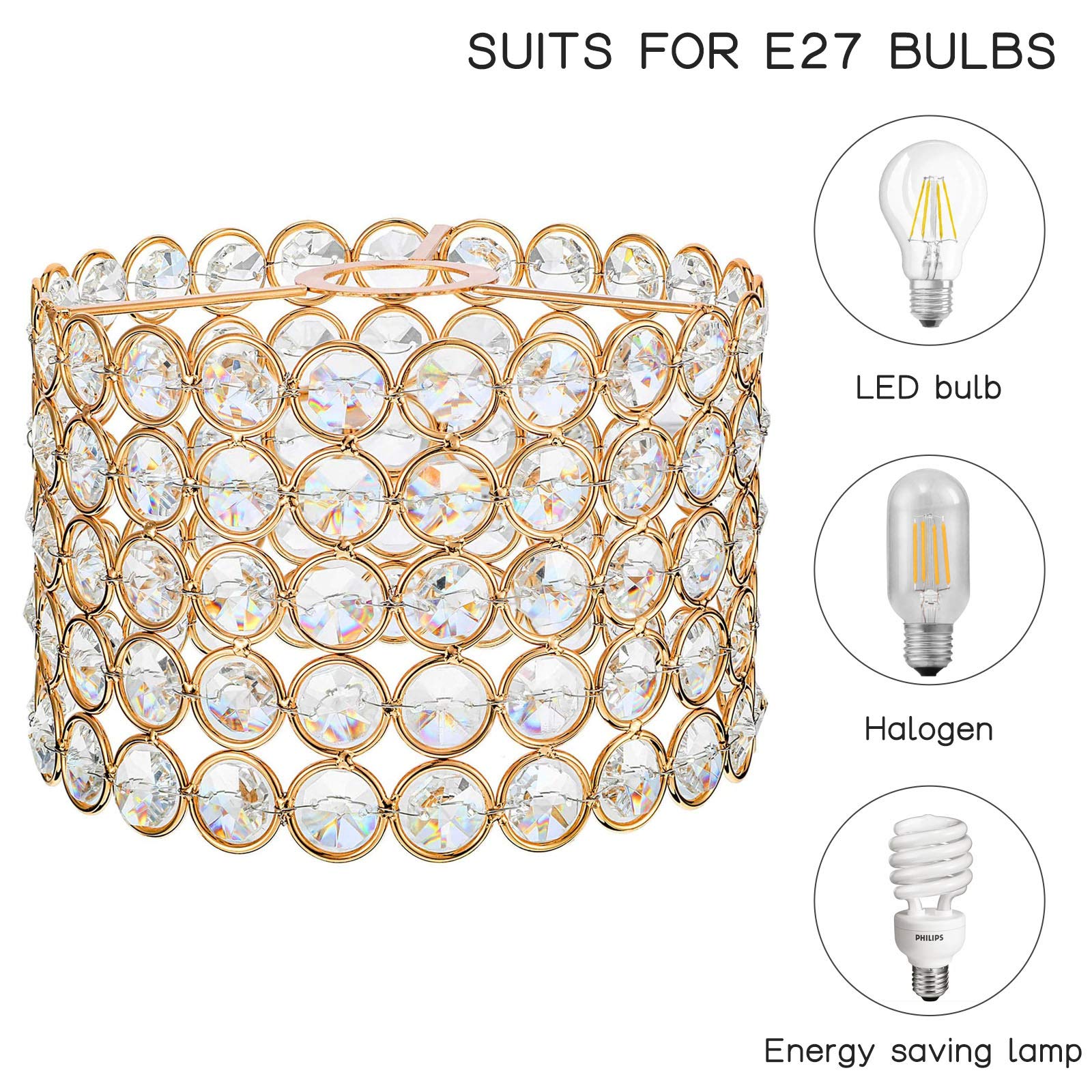Crystal Lamp Shade Ceiling Light Shade Fitting for Living Room, Bedroom and Bathroom, Warm White, Bulb Not Included (Gold, 5.9 x 5.9 x 3.94 Inch)