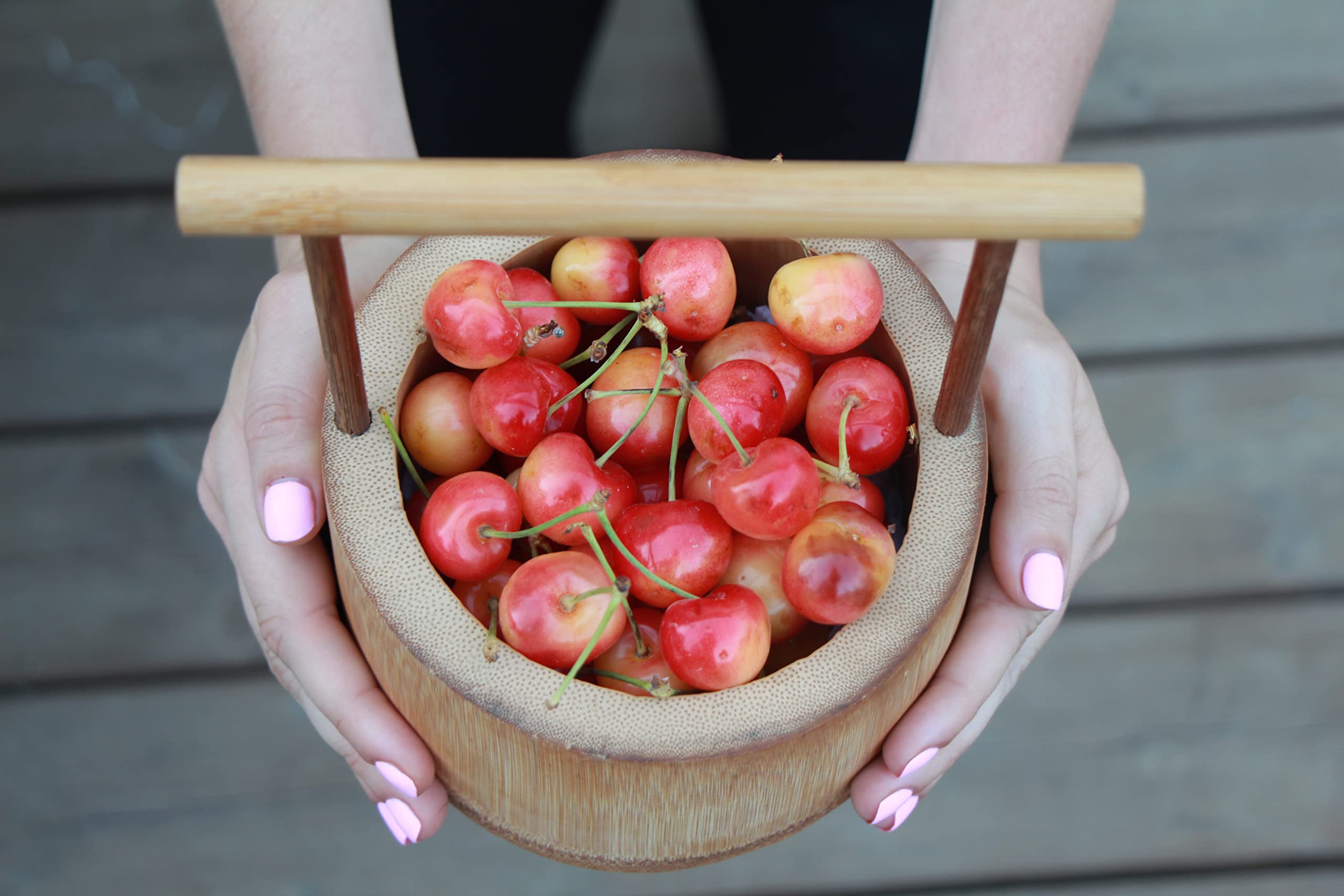 Bamboo Baskets With Wooden Handle - 2 Pieces | Small Decorative Wood Bowls For Snacks Fruit Basket And Berry Basket | gift baskets empty | Zen Decor Basket, Flower Girl Basket