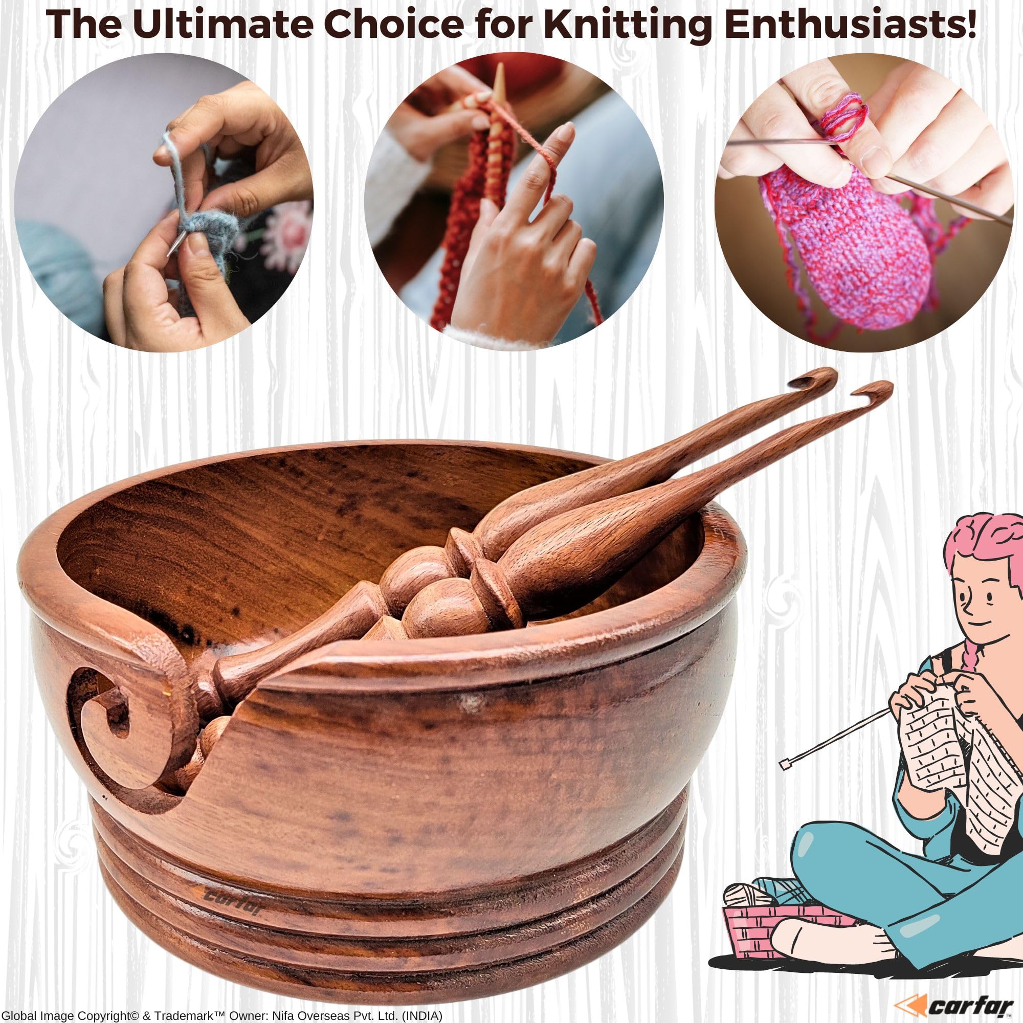 Carfar Knitting Yarn Bowl & Crochet Hooks Set Handmade Wooden Yarn Holder Bowl for Crocheting and Knitting