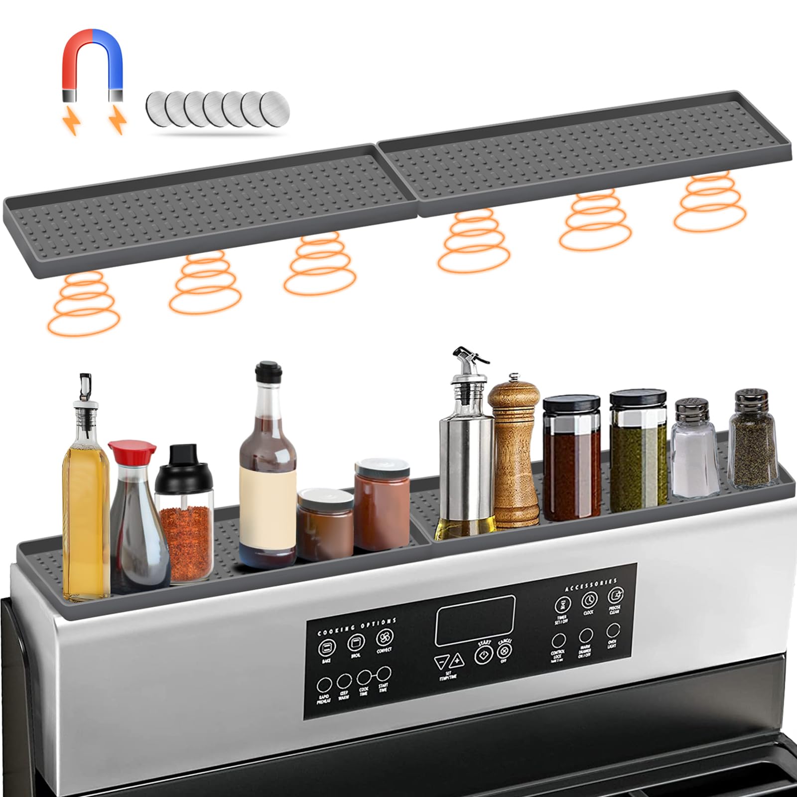 BFONS 30" Magnetic Stove Top Shelf Spice Rack Storage, Silicone Top Heat Material Stove Rack Shelf Flexible Seasoning Organizer Kitchen Shelves Gadgets with 2 Functional Prtitions for Kitchen （Grey）