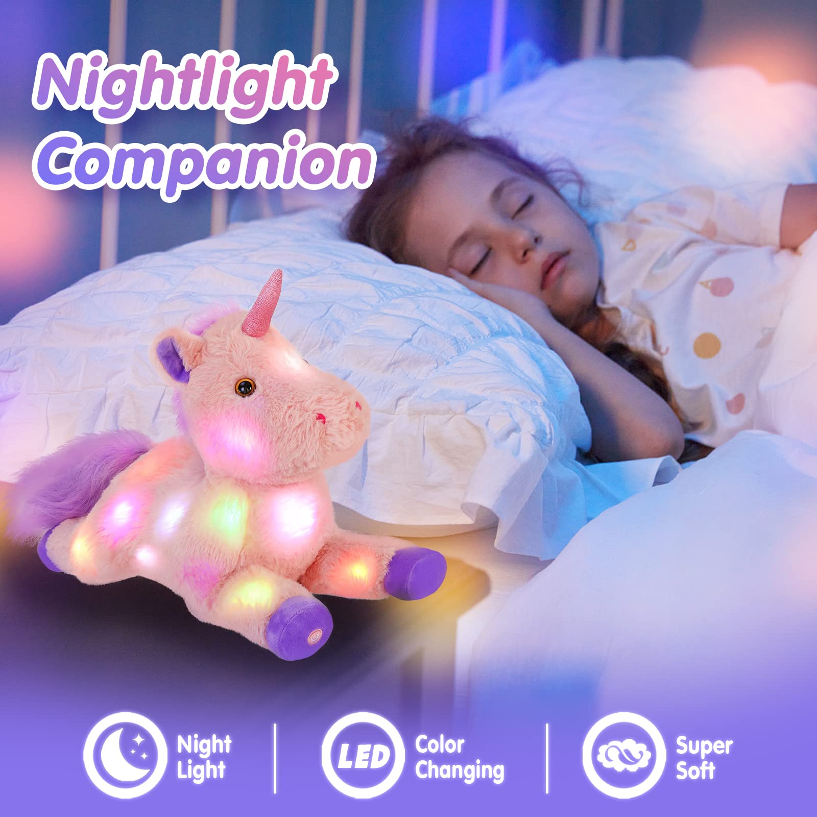 Houswbaby 19'' Light Up Unicorn LED Stuffed Animal Glow at Night Soft Plush Toy Birthday Gift for Kids Girls, Pink