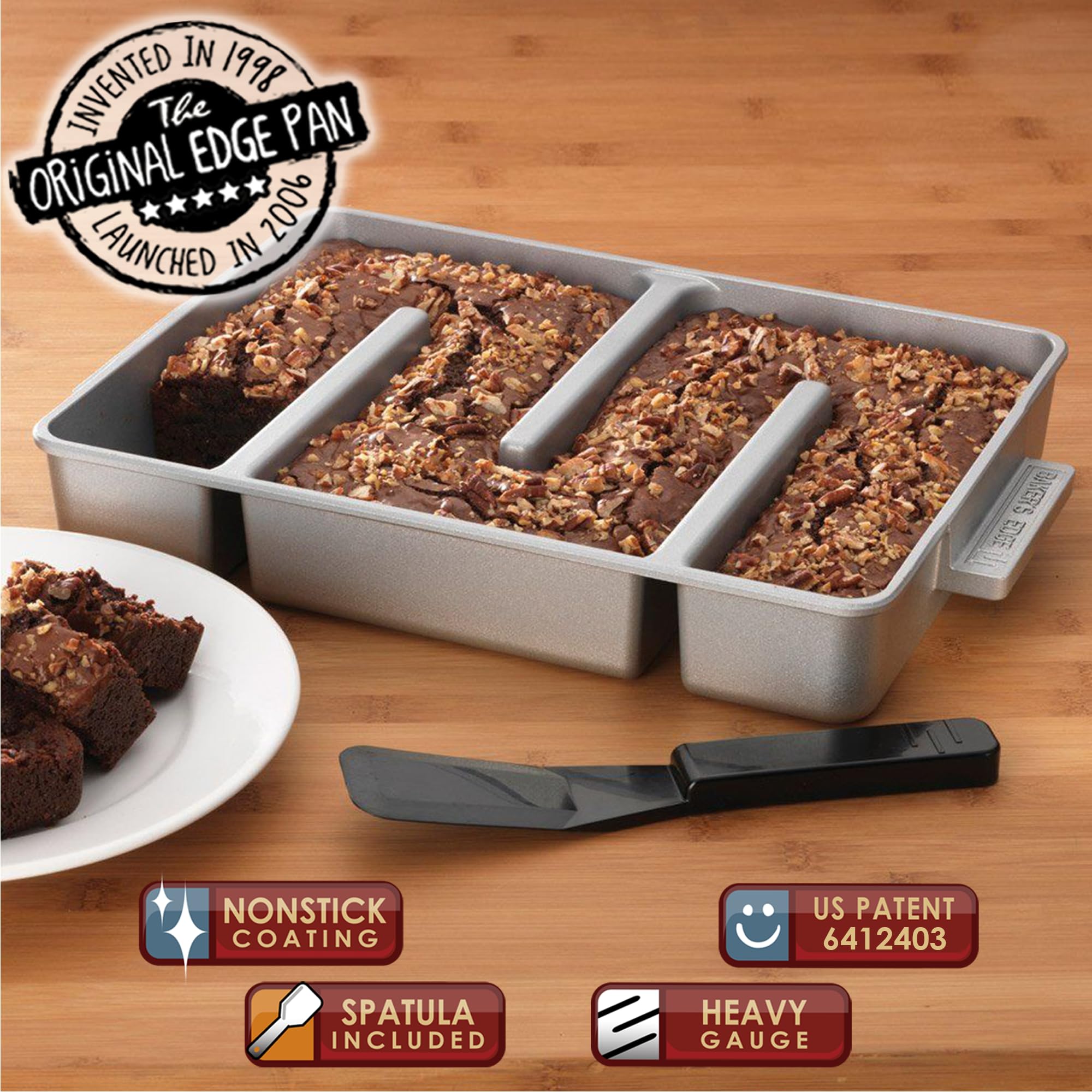 Baker's Edge Brownie Pan, The Original All Edges Brownie Pan for Baking | Premium Doble Nonstick Coating, Heavy Gauge Cast Aluminum Construction, Rectangular 9x12β Size Baking Pan - US Patented Design