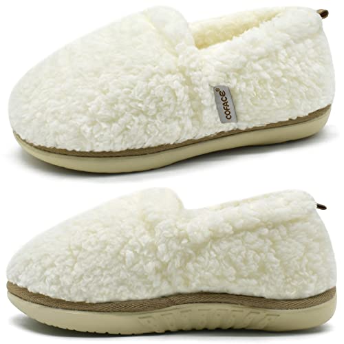 COFACE Womens Slippers Fuzzy Memory Foam Soft Plush Sherpa Fleece Lining Slippers For Women With Cozy Cushion Ladies Lightweight Warm Cloud Slippers Beige Size 8