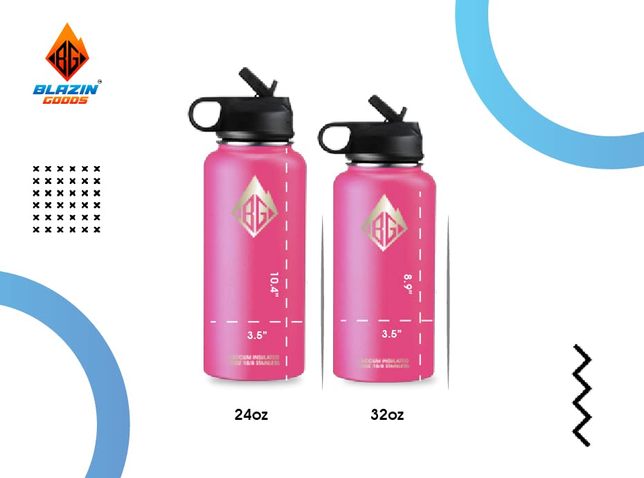 Blazin Goods 24oz Stainless Steel, Leak Proof, Vacuum Insulated Stainless Steel, Double Walled Water Bottle | 3 Lids, 2 Straws, 1 Wire cleaning brush (Pink)