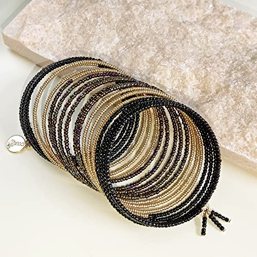 Coiris Multilayer Seed Beads Stretch Bracelets Tiny Beaded Stackable Strand Bangle for Women Girls(BR-1211-Black Gold Ancient Brown)