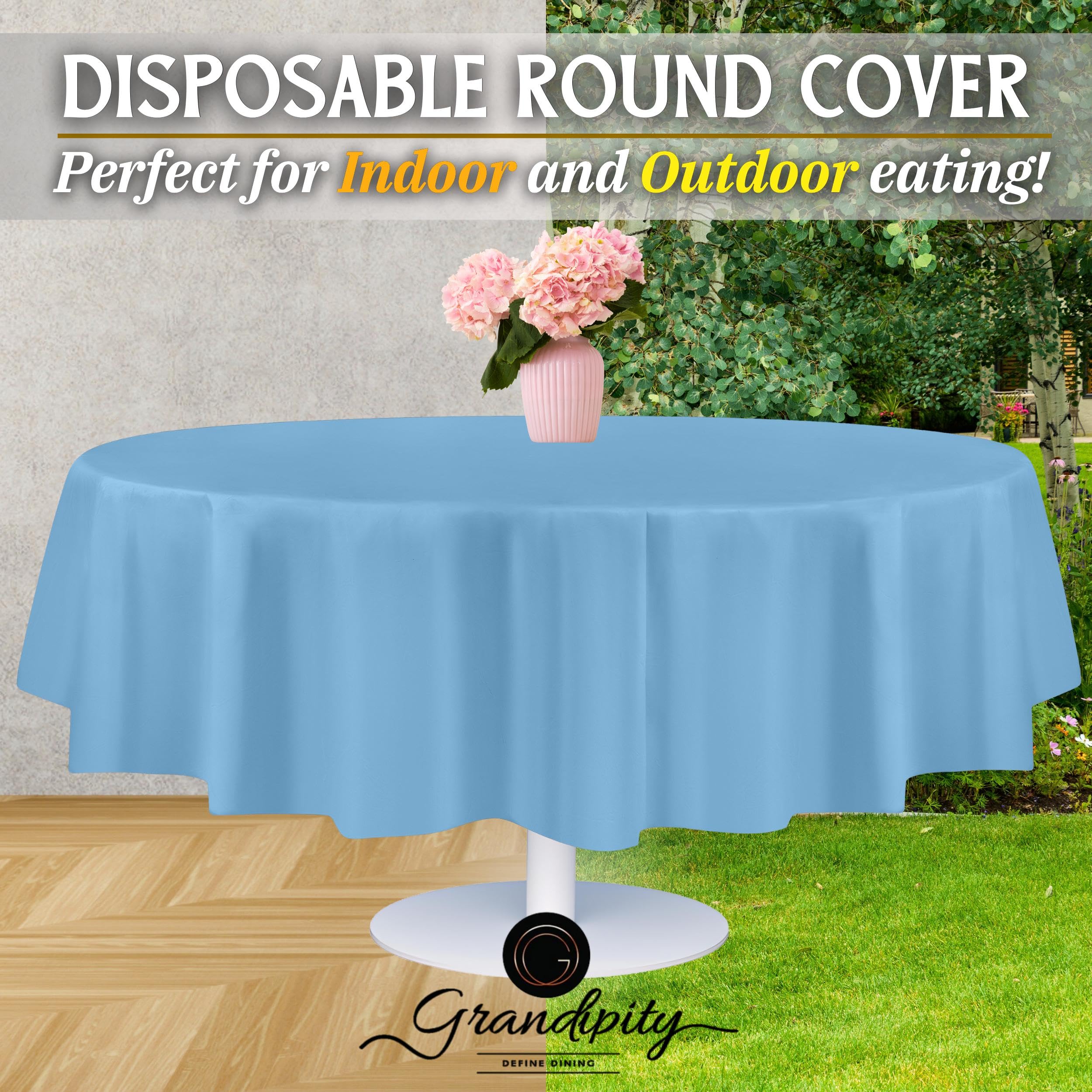 Grandipity 12 Pack Premium Disposable Plastic Tablecloth 84" Inch Decorative Round Table Cover - Sky Blue