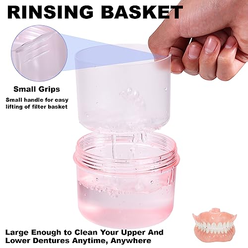 Denture Case, Leak Proof Denture Bath Cup for Travel, Denture Container Cups for Soaking Full & Partial Dentures, Retainers, Denture Cleaning Kit Holder Box with Denture Cleaner Brush-Transparent Pink
