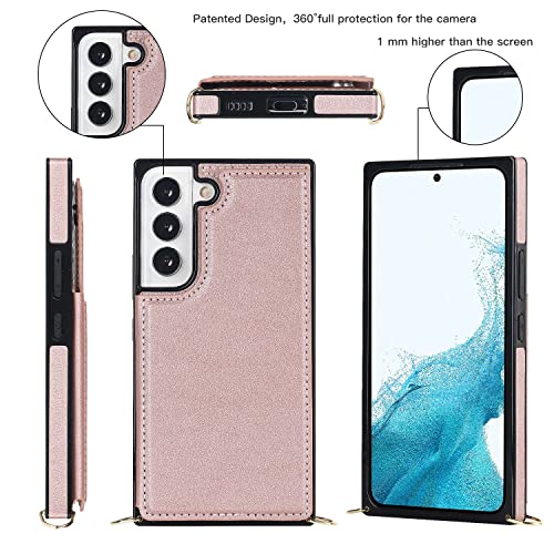 DEFBSC Compatible with Samsung Galaxy S22 Case, Crossbody Wallet Case, Adjustable Detachable Lanyard Neck Strap with Kickstand Leather Card Holder Protective Cover-Rose Gold