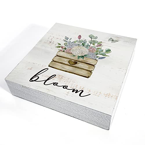 Bloom Wood Box Sign Home Decor Rustic Spring Flowers Bloom Wooden Box Sign Block Plaque for Wall Tabletop Desk Home Decoration