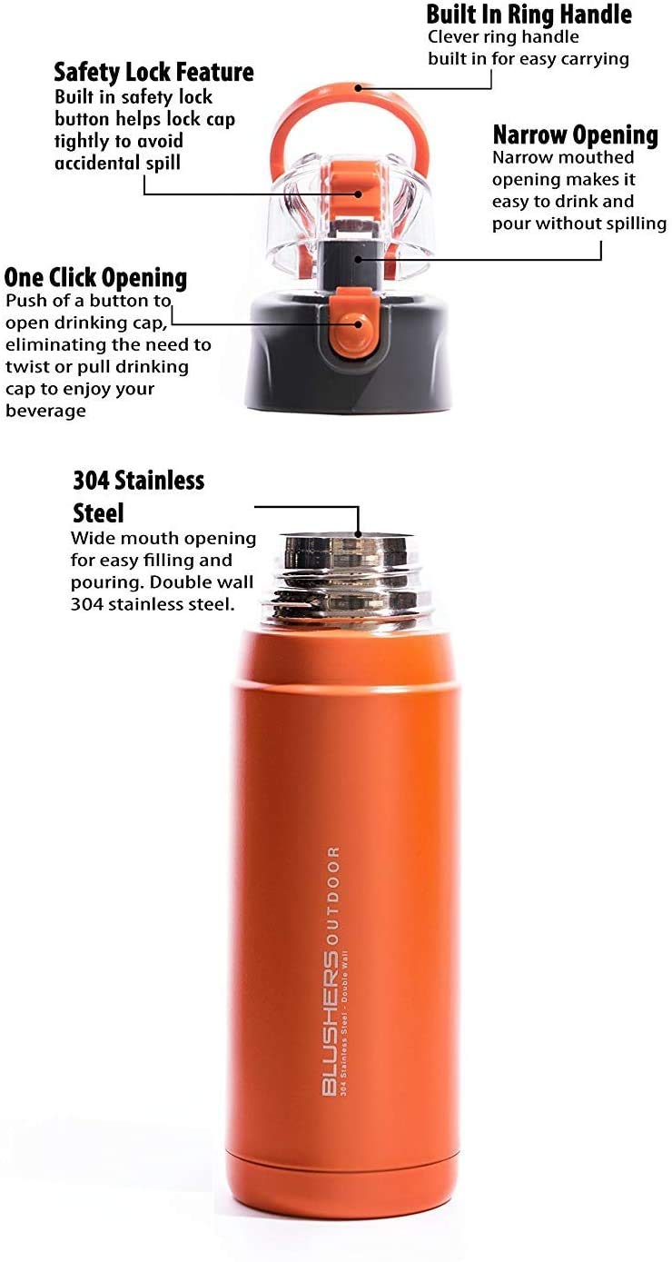 Blushers 650ml (22oz) Double Wall Vacuum Insulated 304 Stainless Steel To Go Travel Mug, One Touch Lock Lid Thermos Water Bottle (Orange - 3 Piece Set)