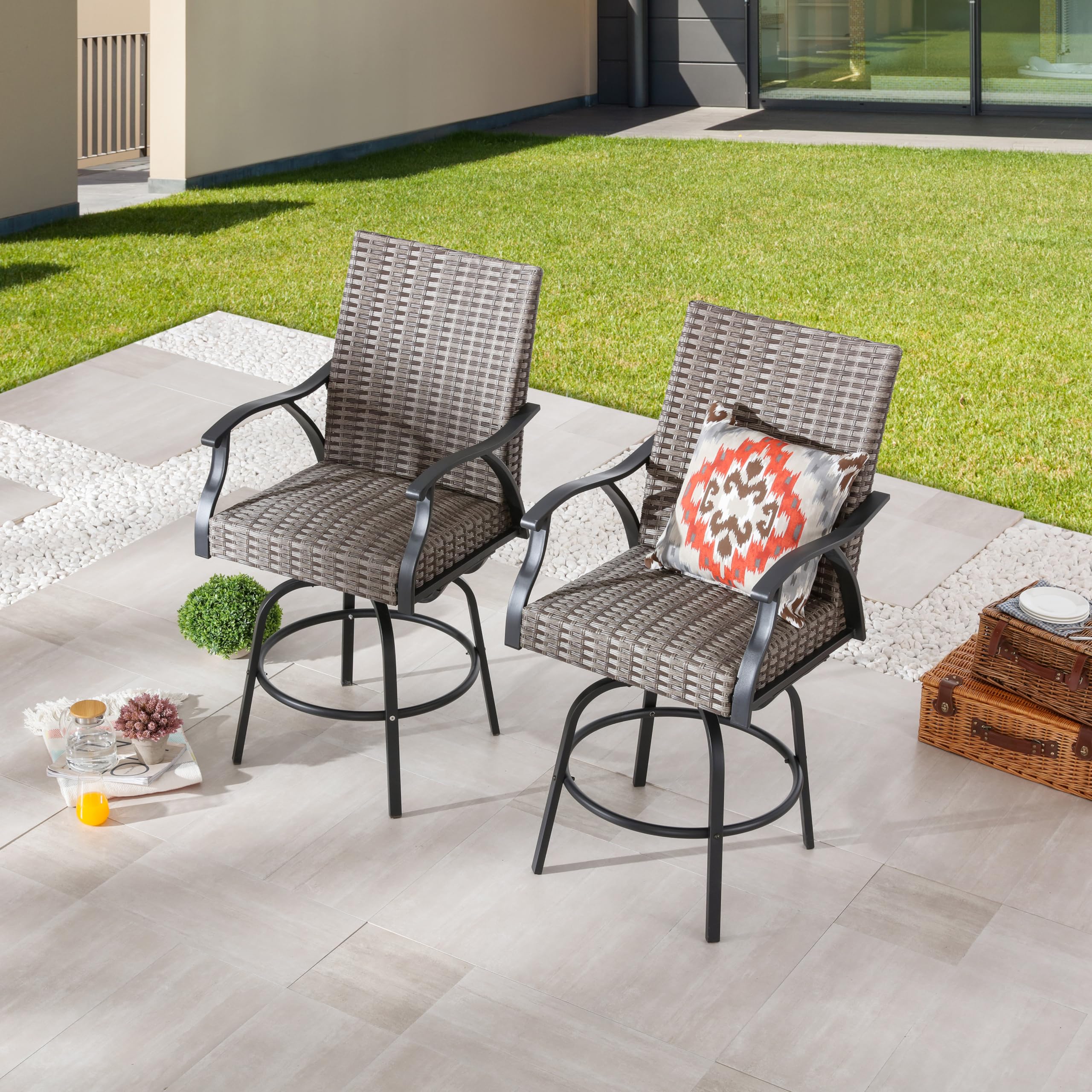 LOKATSE HOME Outdoor Swivel Wicker Chair Set Metal Frame Bar Stool for Backyard, Pool, Garden, Black