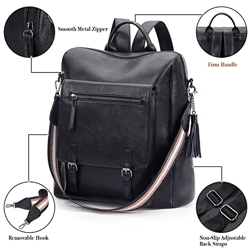 Caitina Backpack Purse for Women Leather Backpack Purse Travel Backpack Fashion Designer Ladies Shoulder Bags With Wristlets(Black)