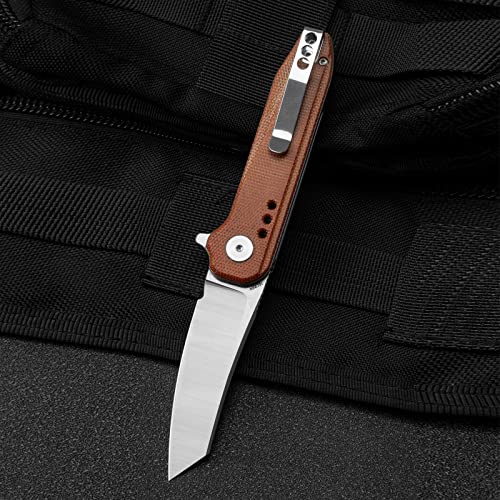 BESTECH KNIVES Pocket Folder Folding Knife: 2.84" 14C28N Steel Reverse Tanto Blade, Micarta Scales, Flipper, Liner Lock, EDC Steel Clip, BG40E (Natural Micarta)