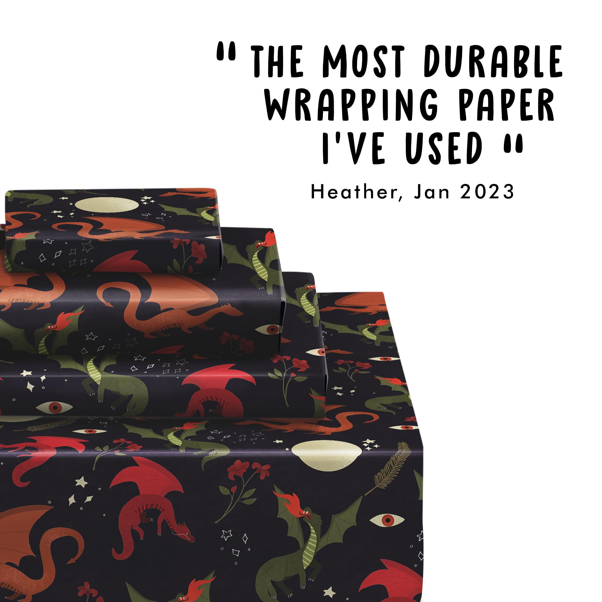 CENTRAL 23 Black Wrapping Paper - 6 Sheets of Birthday Gift Wrap - Dragons - Moon - Star - For Men Women - Halloween - Comes with Stickers - Recyclable