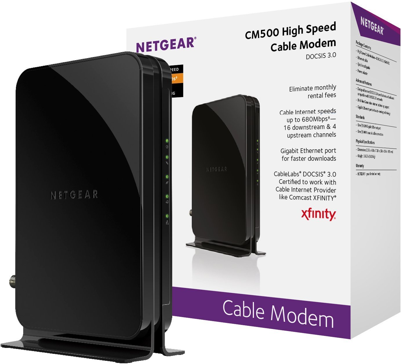 NETGEAR CM500-100NAR DOCSIS 3.0 Cable Modem with 16x4 Max Download speeds of 680Mbps. Certified for XFINITY by Comcast, Time Warner Cable, Cox, Charter & More(Renewed)