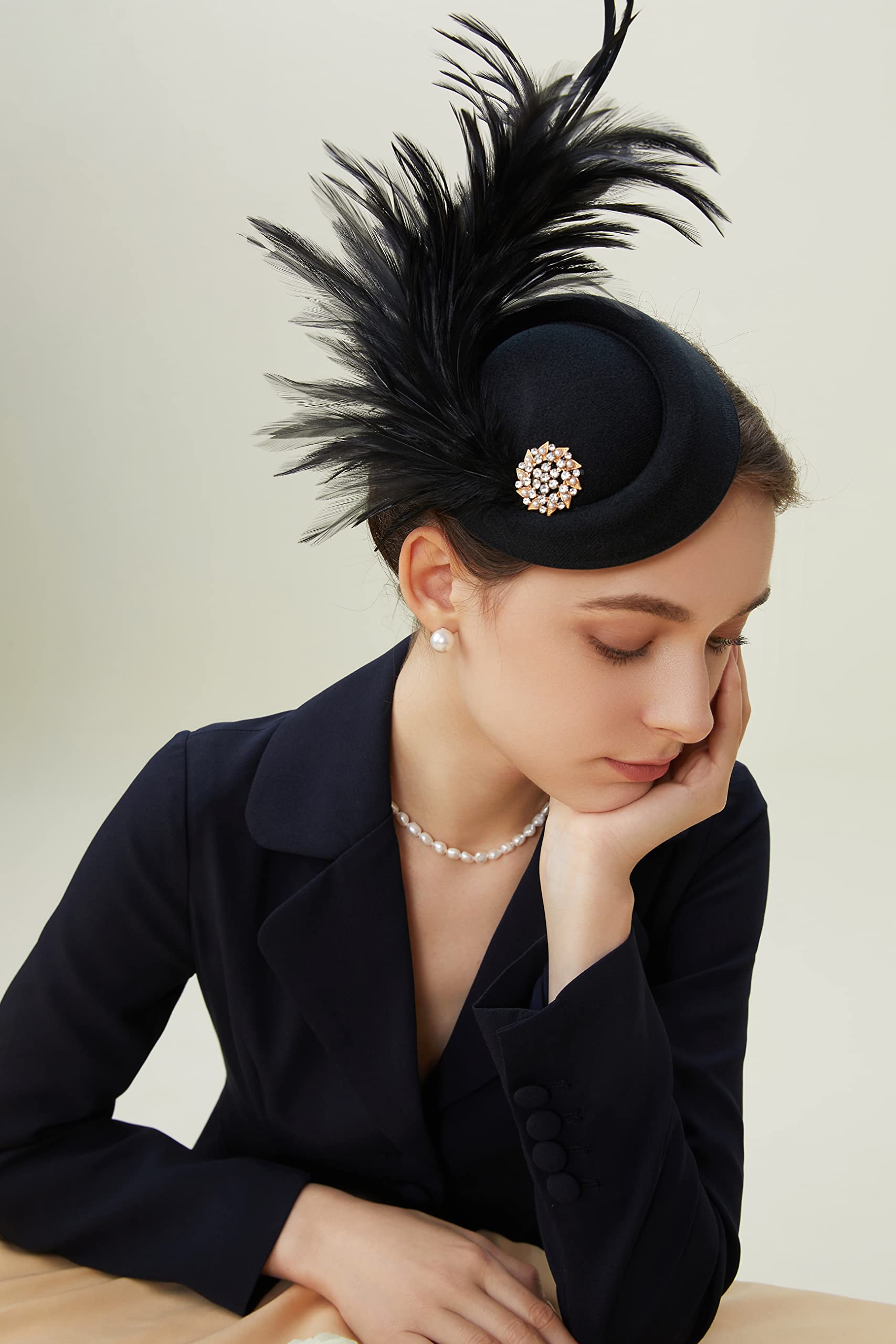 BABEYOND Fascinator Hat for Women Tea Party Kentucky Derby Fascinator Hat Pillbox Hat Peacock Feather Fascinator (Black)