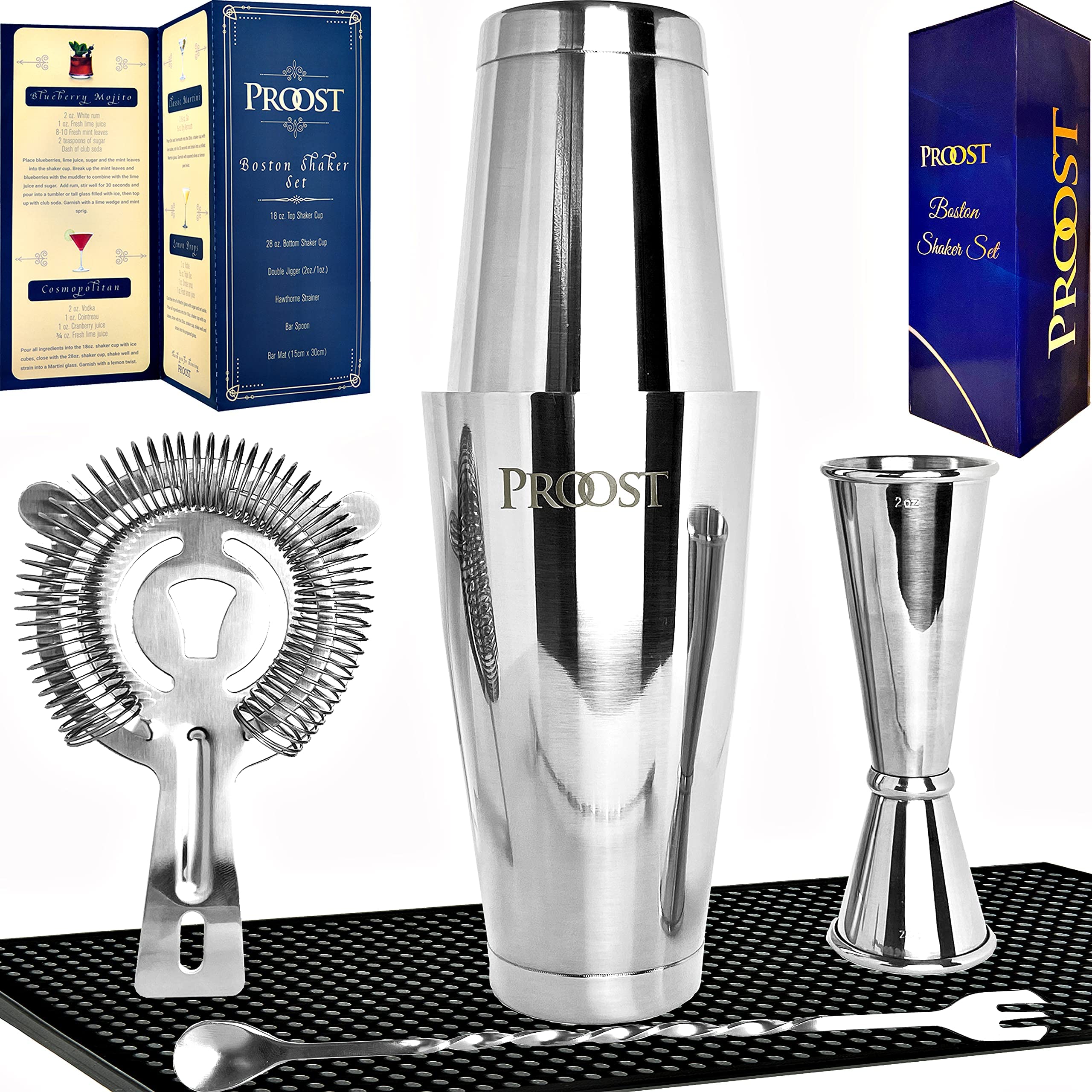 Boston Shaker Set with Bar Mat, Cocktail Shaker Set - Bartender Kit, Perfect Bar Set for Home Bar with Essential Bar Tools