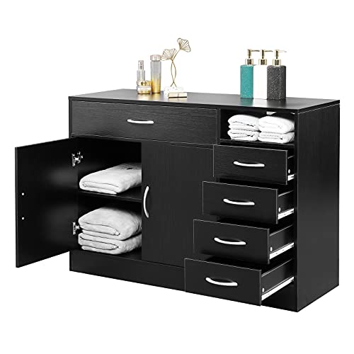 Bonnlo Storage Cabinet, 41" Wide Floor Cabinet Organizer with 5 Drawers and 2 Doors, Adjustable Shelf for Bathroom, Kitchen, Living Room, Bedroom, Laundry Room, Entryway, Office, Ample Space Black