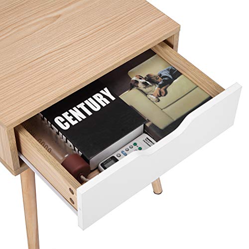 Bonnlo Wood&White Nightstands Set of 2 End Side Table with Spacious Drawer & Solid Wood Legs for Livingroom, Bedroom, Dorm