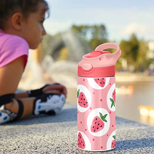 Children Insulated Water Bottles with Straw for School Kids Strawberry Pink Cute Stainless Steel Vacuum Double Wall Keeps Hot and Cold with Handles