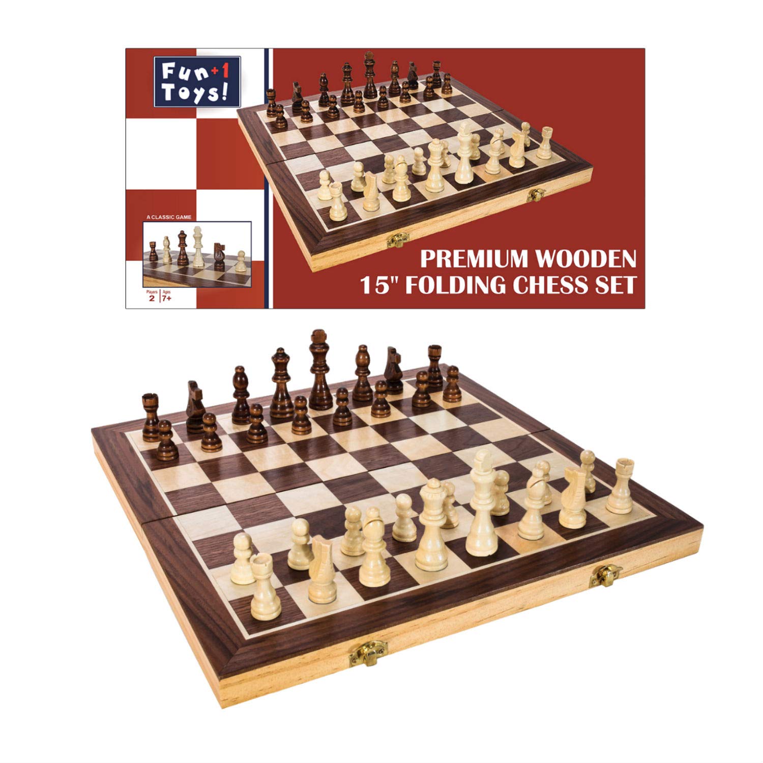 Fun+1 Toys! Wooden Chess Set for Adults and Kids, 15" Portable Chess Board Set with Chess Pieces & Drawstring Bag
