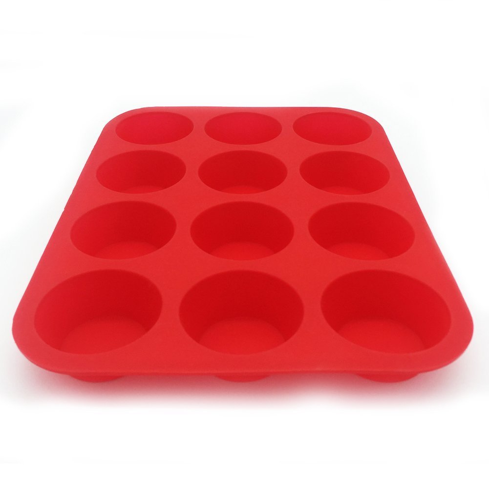 BakeWarePlus 12 Cups Silicone Muffin Cupcake Pan Baking Mold Red Non-stick Reusable and Heat Resistant