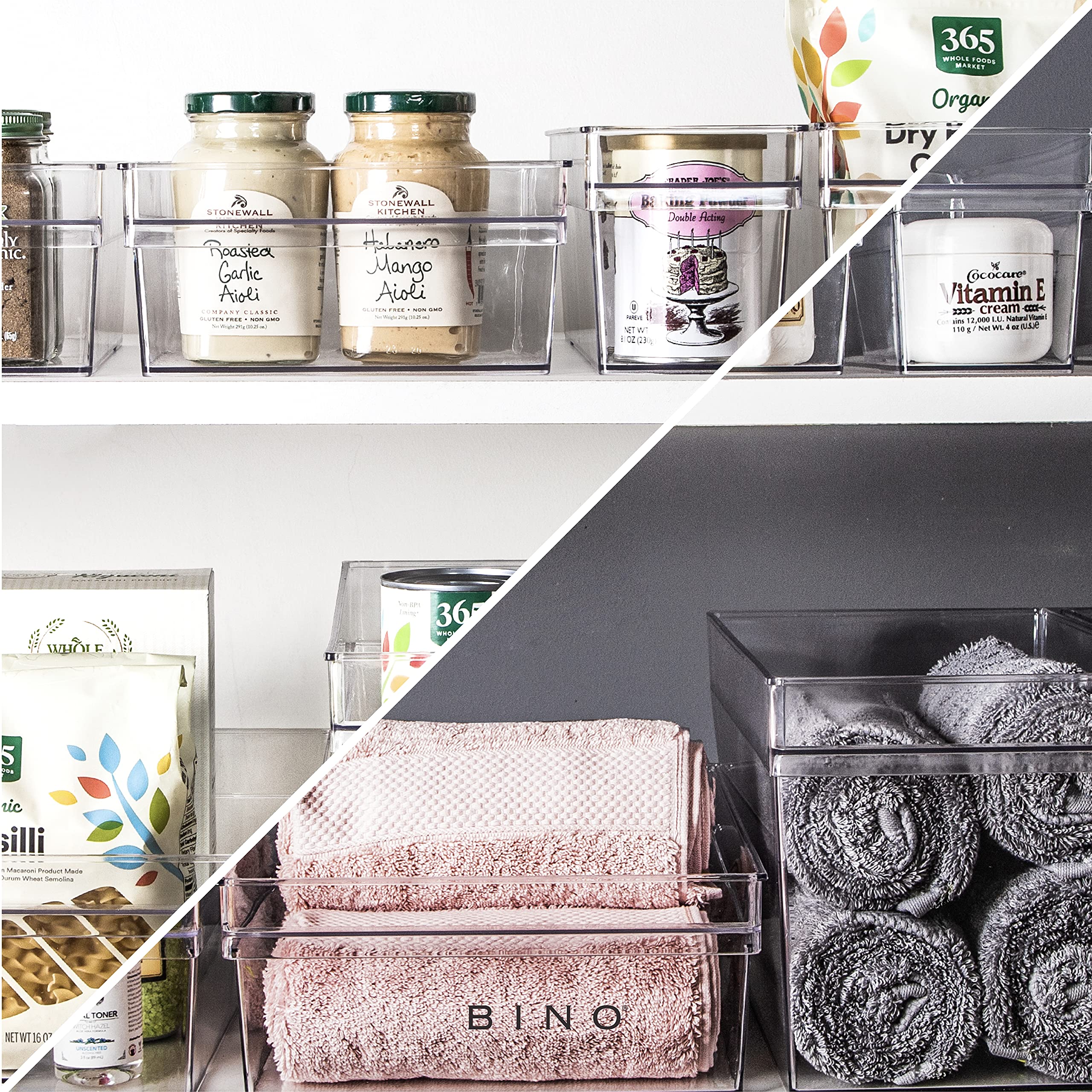 BINO | Plastic Storage Bins, Large - 12 Pack | THE HANDLER COLLECTION | Multi-Use Organizer Bins | Built-In Handle | BPA-Free | Pantry Organization | Home Organization | Fridge Organizer | Freezer Org