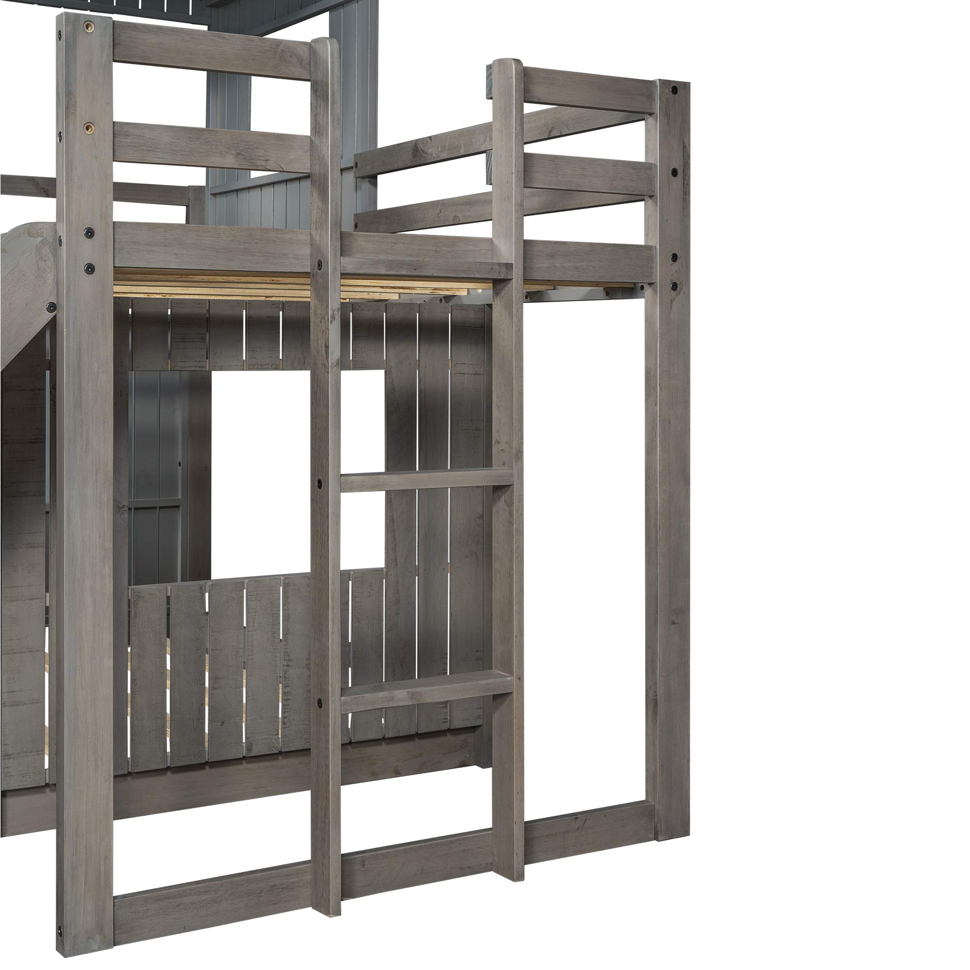Harper & Bright Designs Twin Over Full Bunk Bed Frame, Solid Wood House Bunk Bed with Roof, Window, Guardrail and Ladder,Floor Bunk Beds Twin Over Full Size for Kids, Teens, Boys & Girls (White)