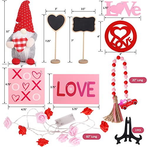 CAKKA Valentines Day Tiered Tray Decor, 11 PCS Red Gnome Pink XO Love Wooden Sign Writing Board Bead Rose Light, Valentine's Day Table Decor Ornament for The Home, Valentines Day Decor Decoration
