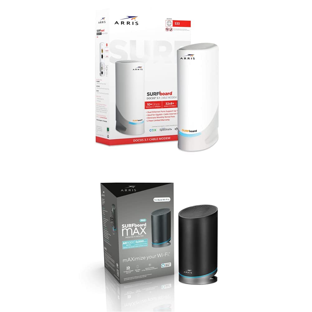 ARRIS Surfboard, S33 DOCSIS 3.1 Modem (2.5 Gbps Max Internet Speeds) & W31 AX11000 WiFi 6 Mesh Ready Router Bundle (WiFi speeds up to 11 Gbps), Alexa Support, Mesh with Your Cable Internet