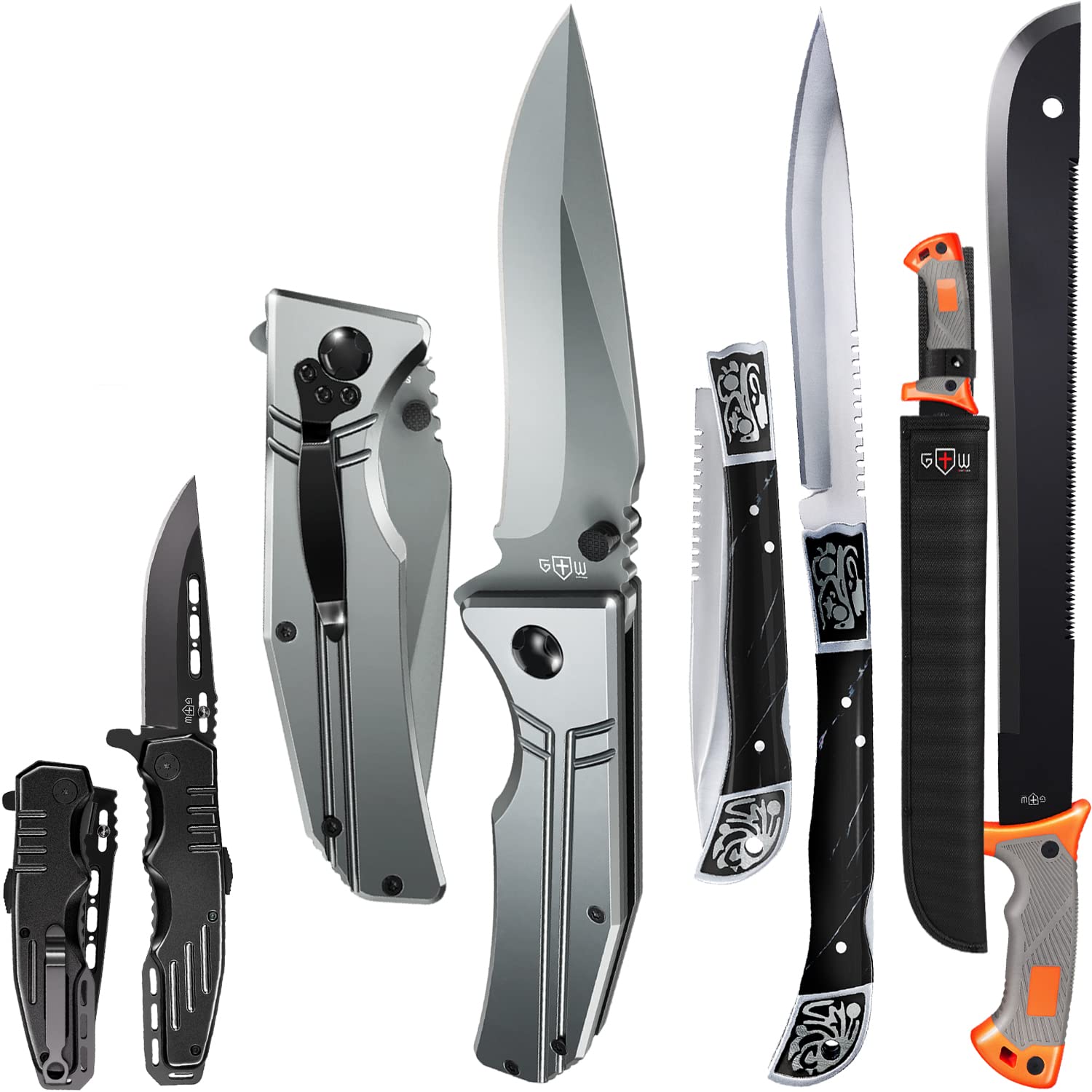 Bundle of 4 Items - Pocket Folding Knife - Military Style - Folding Knife - Tactical Knife - EDC Fold Knives - Sharp Blade Knifes - Best Pocket Knife for Urban Work Hobby Unboxing - 18,5 Machete