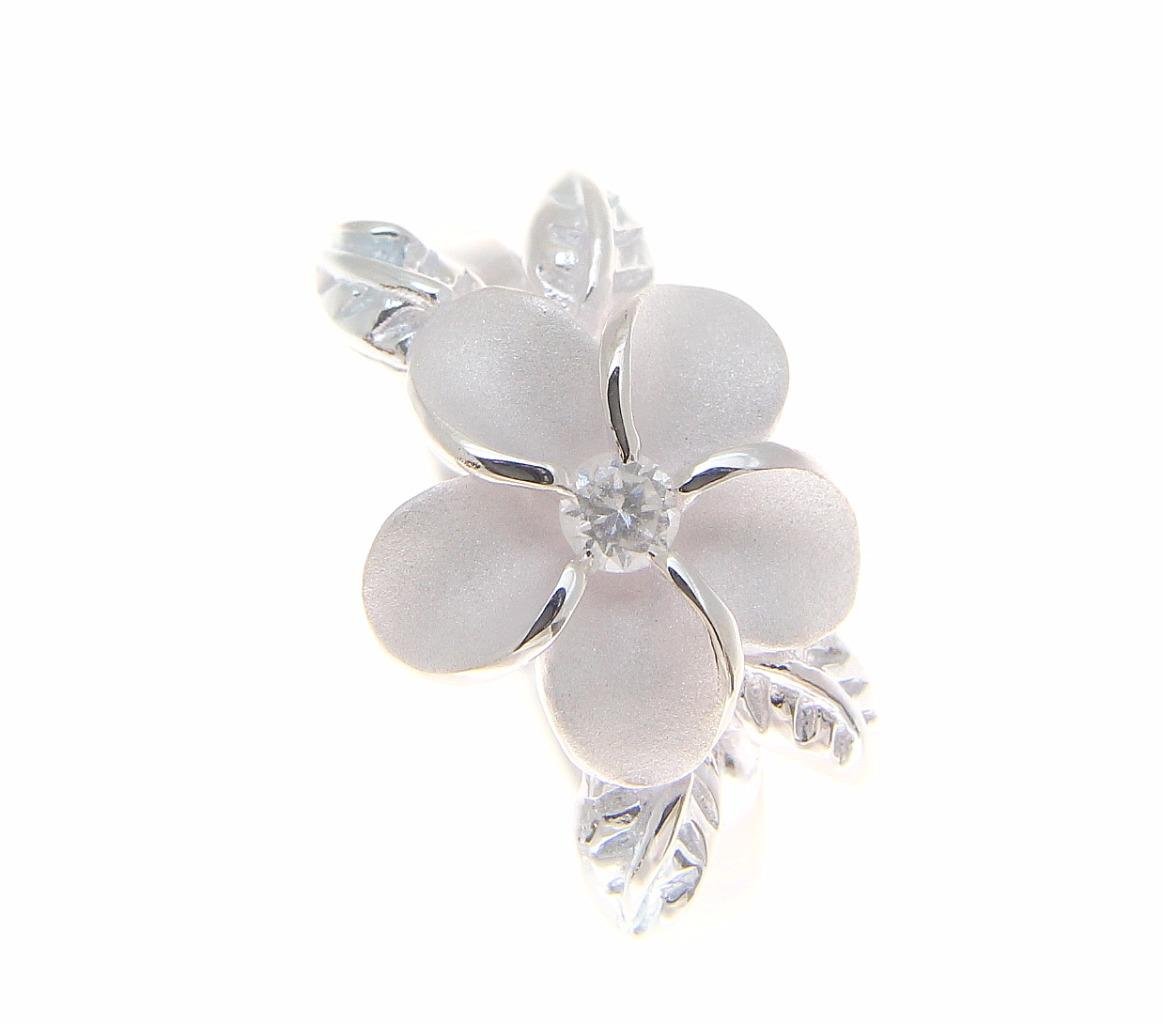Arthur's Jewelry Sterling silver 925 Hawaiian 12mm plumeria flower maile leaf white cz ring size 7