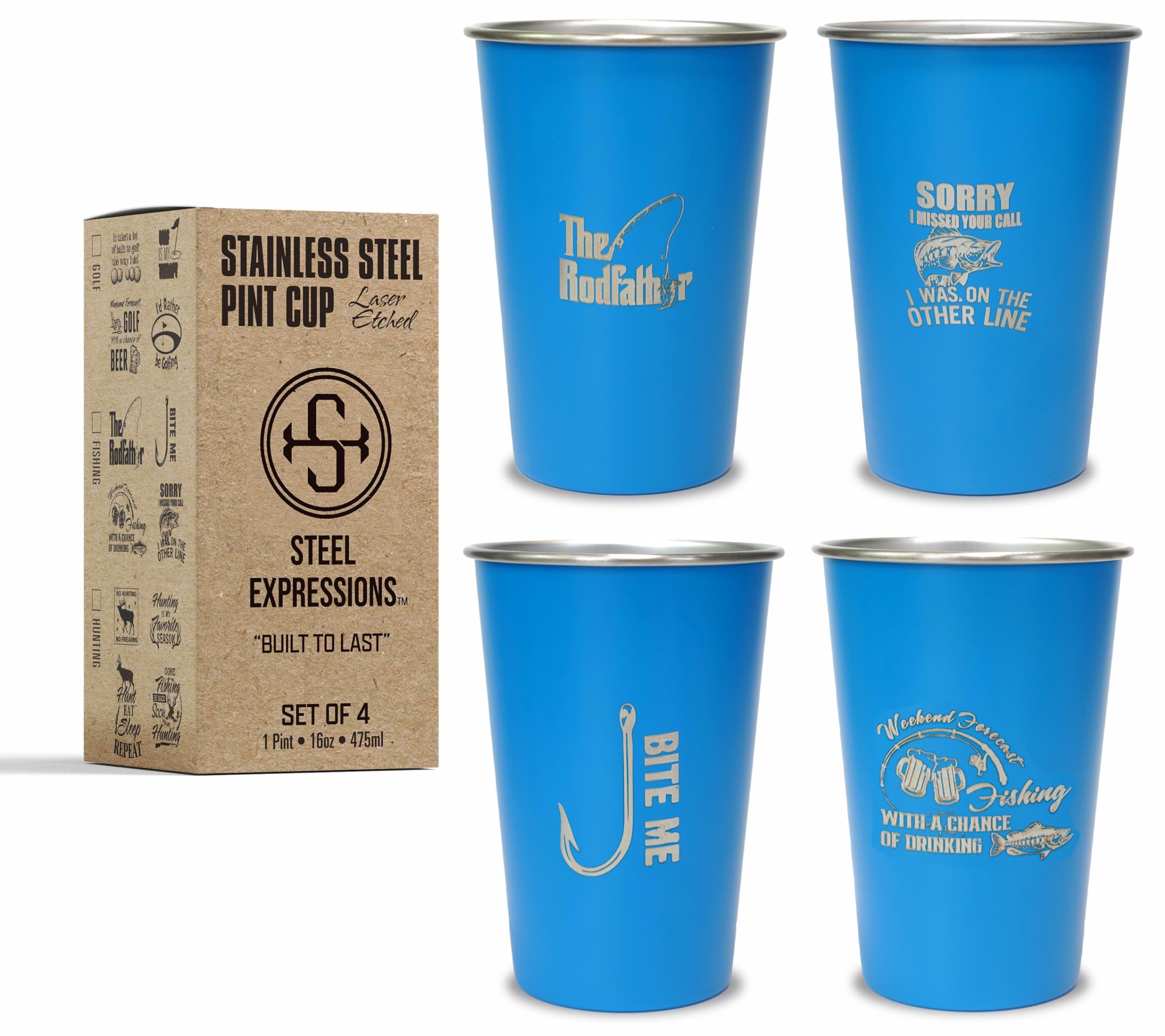 Shark Skinzz Steel Expressions Pint Cup, 16 oz Stainless Steel Cups, Stackable & Durable Drinking Cups for Camping, Reusable & Dishwasher Safe Tumblers, Set of 4 Black Cups