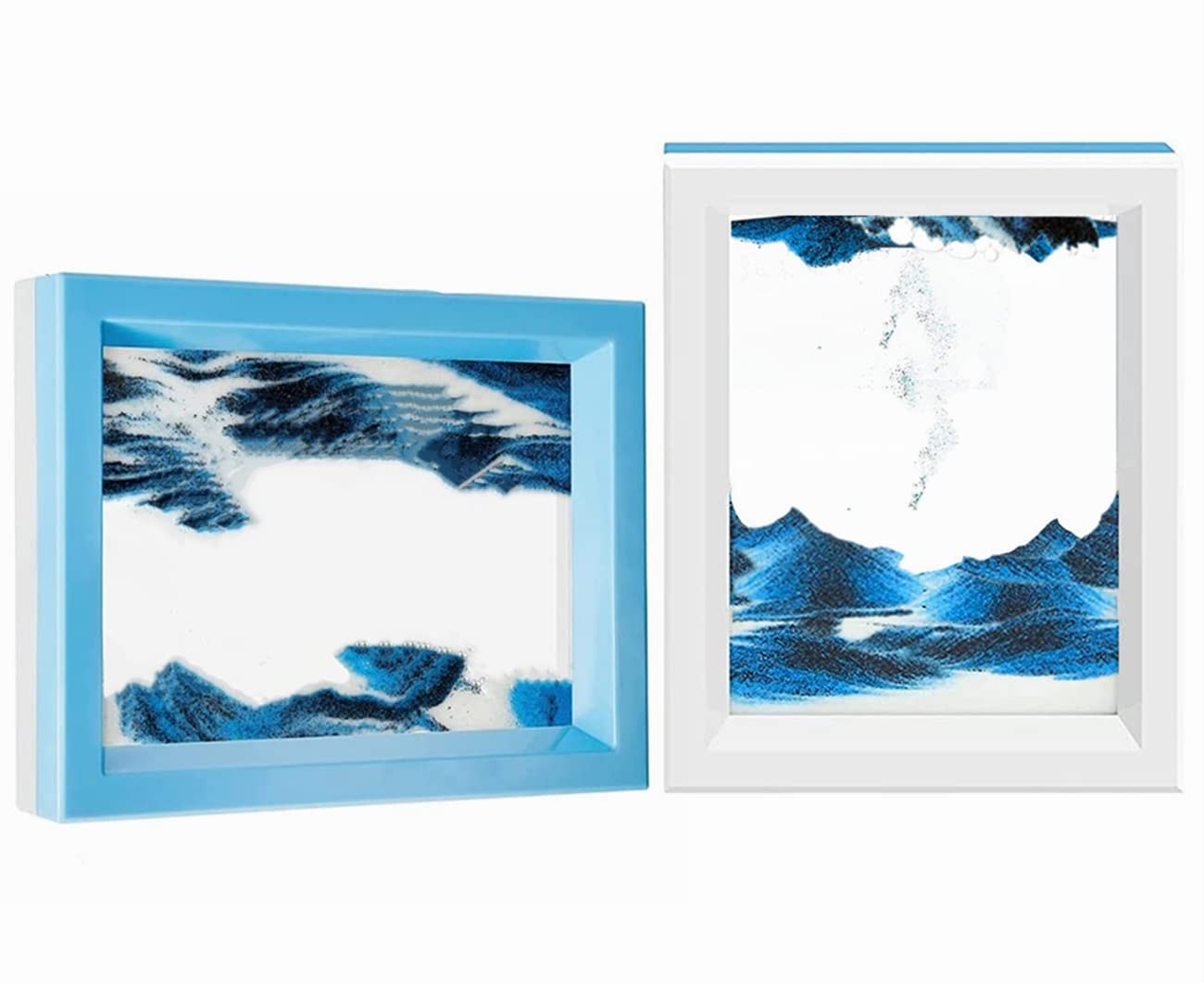 FUNJIA Moving Sand Art Picture, 3D Deep Sea Sandscape in Motion Display, Flowing Sand Art Decor for Sensory Calming Fidget, Desktop Home Office Work Decor (Blue)