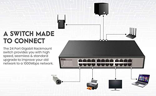 Netis ST3124GS 24 port Unmanaged 10/100/1000M Gigabit Switch, Desktop Ethernet Splitter, Ethernet Hub, Plug and Play, Fanless Quite, Traffic Optimization, Sturdy Metal Desktop size, expandable to standard 19 inch rack mount with included mounting bracket,