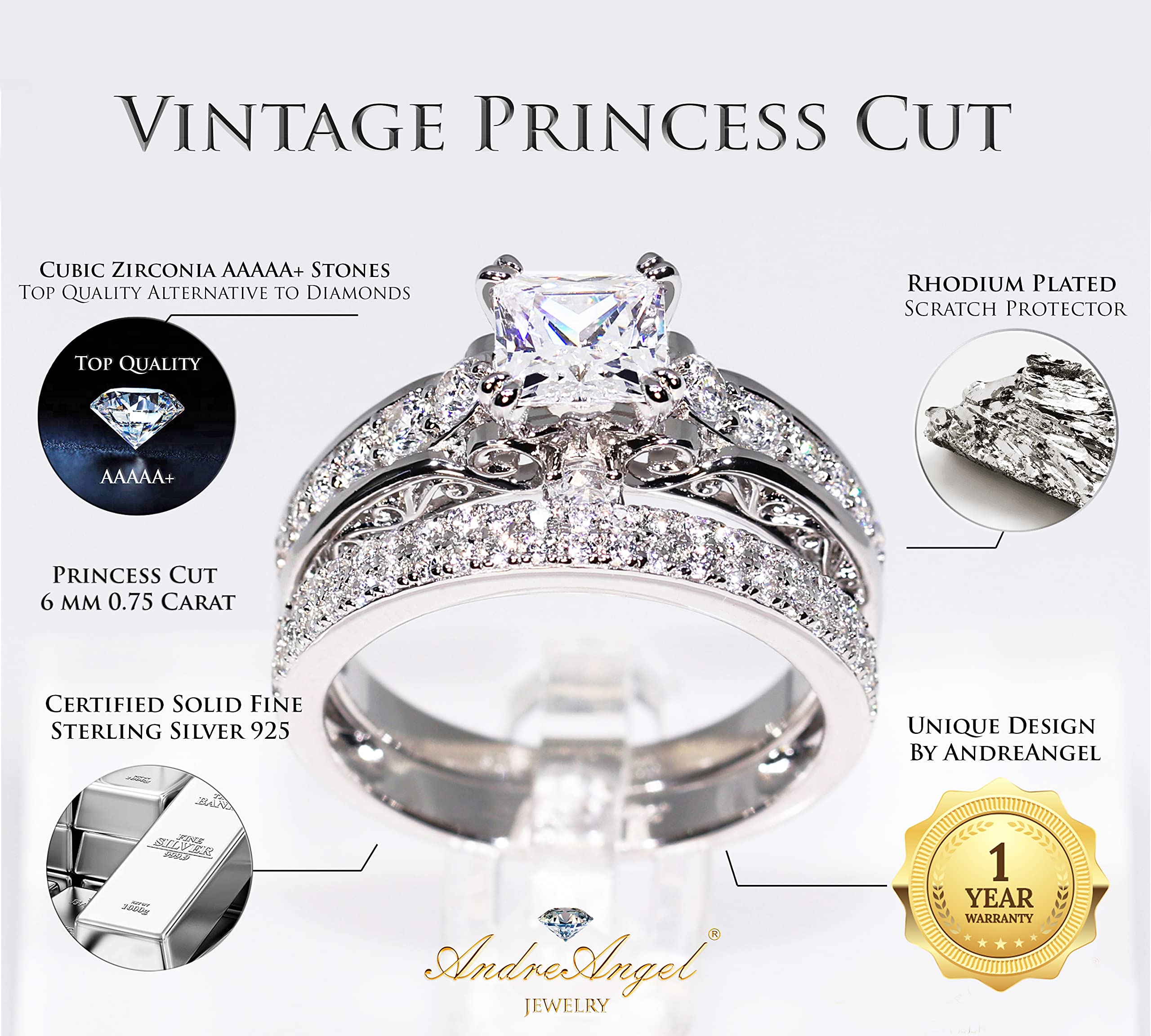 AndreAngel Engagement Ring Set for Women 2 pcs, Princess Cut 0.75 Carat, Solid Sterling Silver 925, 50 Cubic Zirconia Stones High Grade AAAAA+