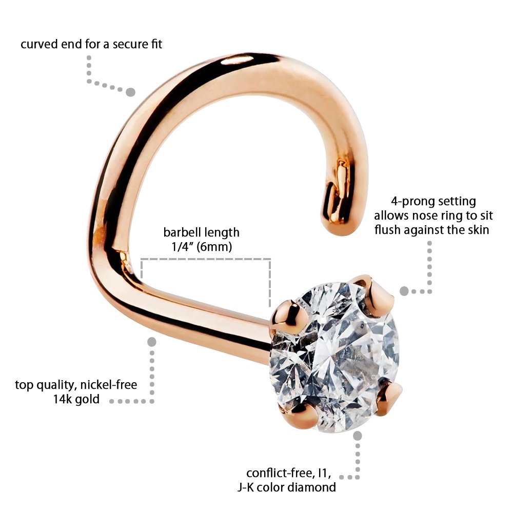 FreshTrends 1.5mm 0.015 ct. tw Diamond SI1-SI2 G-H 14K Rose Gold Nose Ring Twist Screw 20G I1