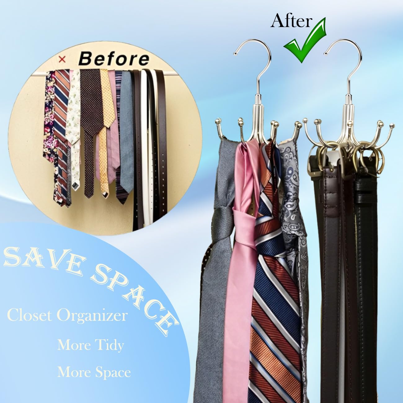 Belt Hanger, Belt Organizer for Closet Organizers and Storage, Rotatable Space Saving Hangers Rack Holder Hooks for Hanging Tie, Hat, Scarf, Tank Top, College Dorm Room Essentials Accessory Organizers