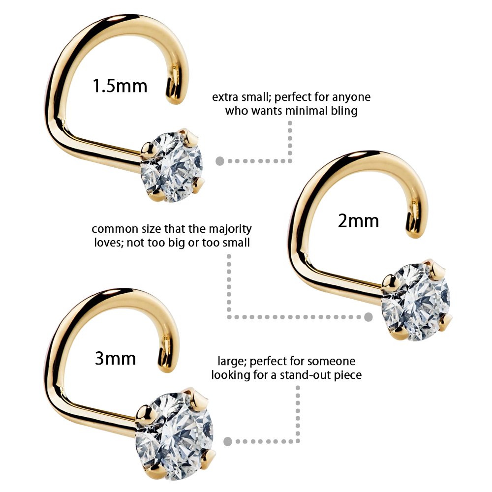 FreshTrends 3mm Cubic Zirconia 14K Yellow Gold Nose Ring Twist Screw - 18G