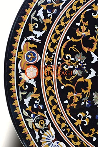 Black 49" Marble Dining Round Table Top Pietra Dura Italian Inlay Hallway Furniture Decor