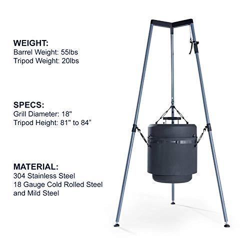 Burch Barrel BBQ Smoker Grill & Fire Pit Combo V2 β Adjustable Hanging Vertical Smoker with Tripod System β Charcoal or Wood-Fired Portable Tripod Grill | Ideal for Grilling, Smoking, Baking | Precision Trackster Temperature Control | The Ultimate Adventu