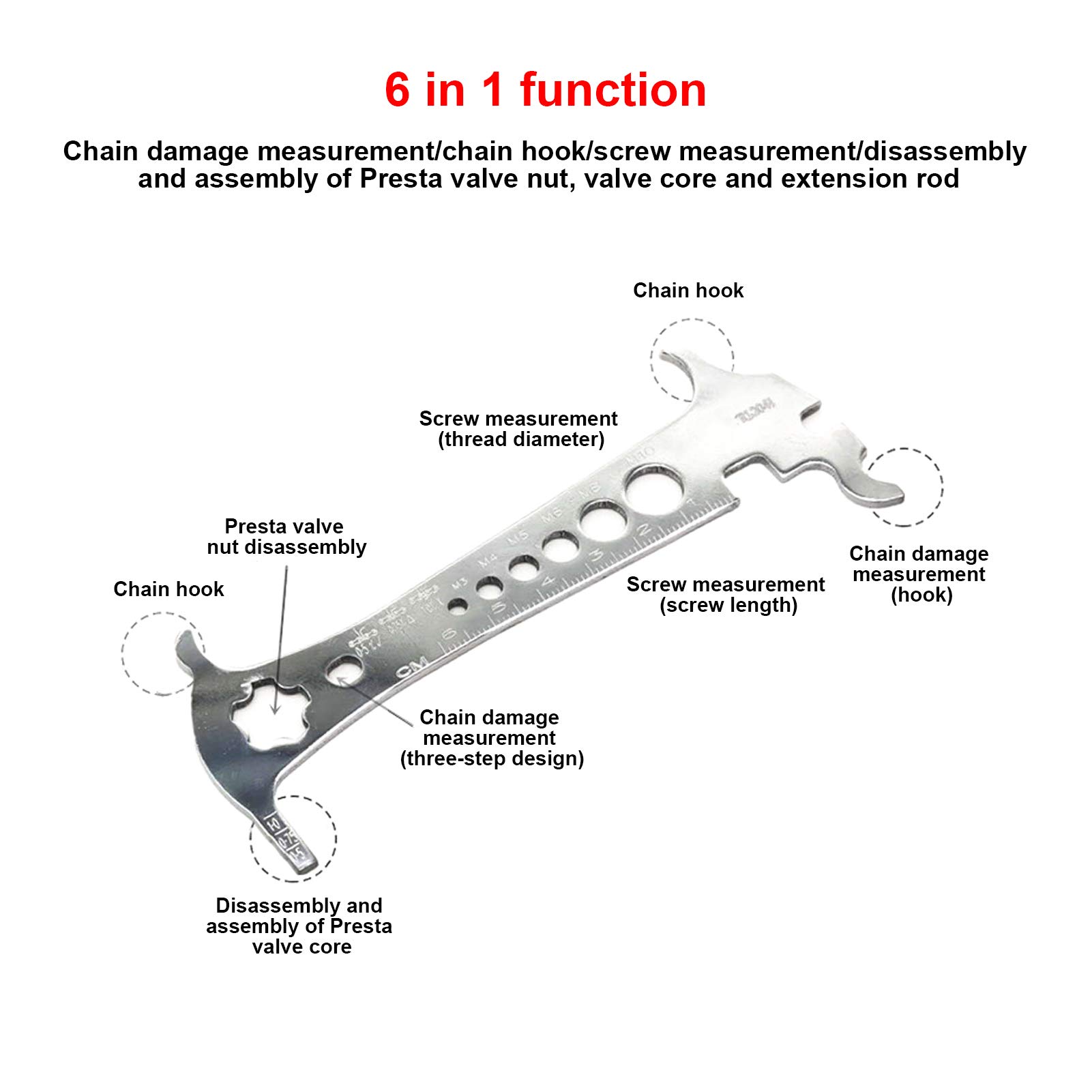 Bicycle Chain Checker 6 in 1 Multifunctional Bicycle Chain Wear Indicator Checker Measuring Ruler Tool Chain Hook Measuring Tool for Mountain and Road Bikes Folding Bicycle