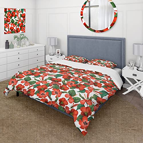 DESIGN ART Designart 'Tropical Red Hibiscus Flowers with Green Leafs On White' Traditional Duvet Cover Set Full - Queen
