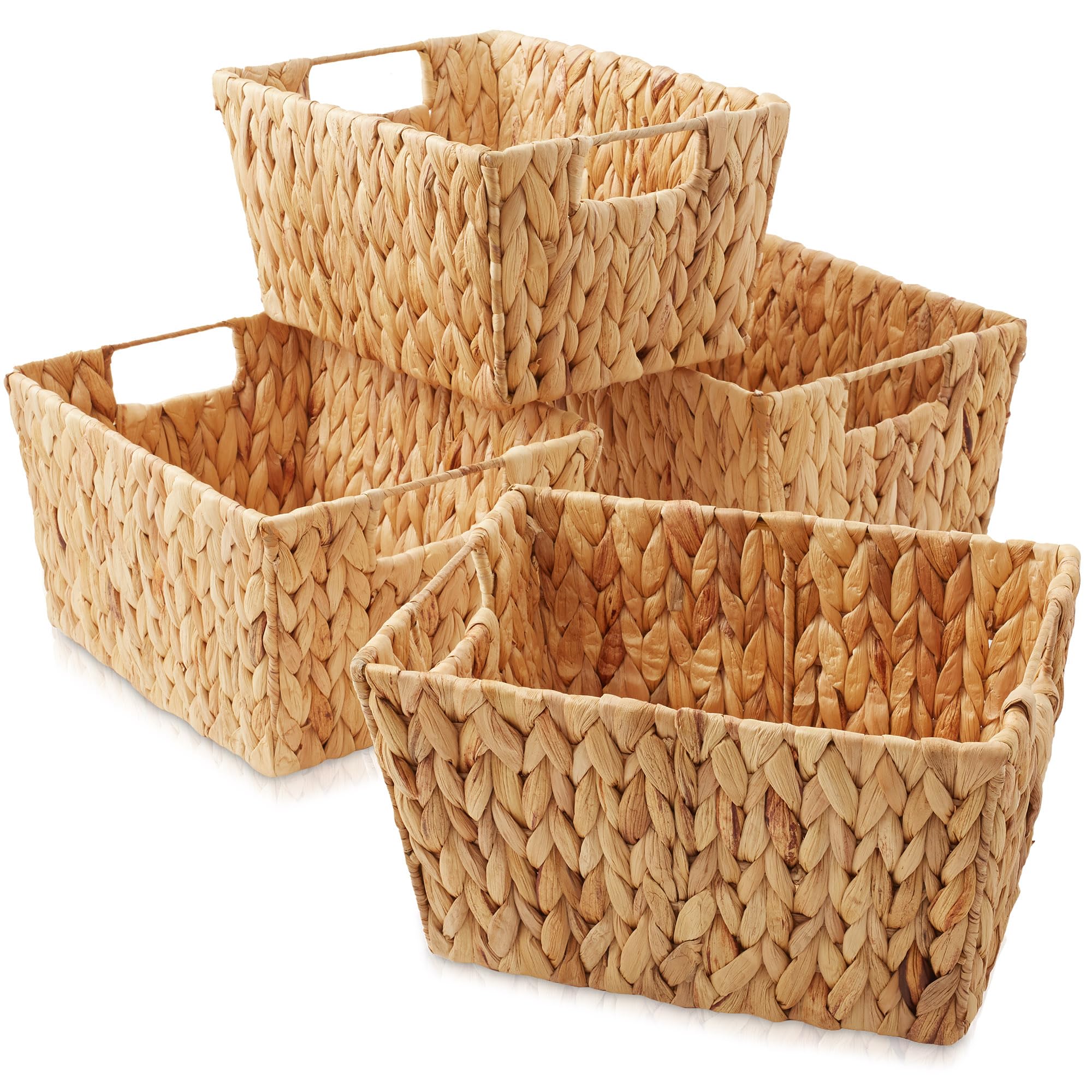 Casafield Set of 4 Water Hyacinth Storage Baskets with Handles - Natural, Woven Rectangular Storage Bins for Shelves, Blankets, Laundry Organization