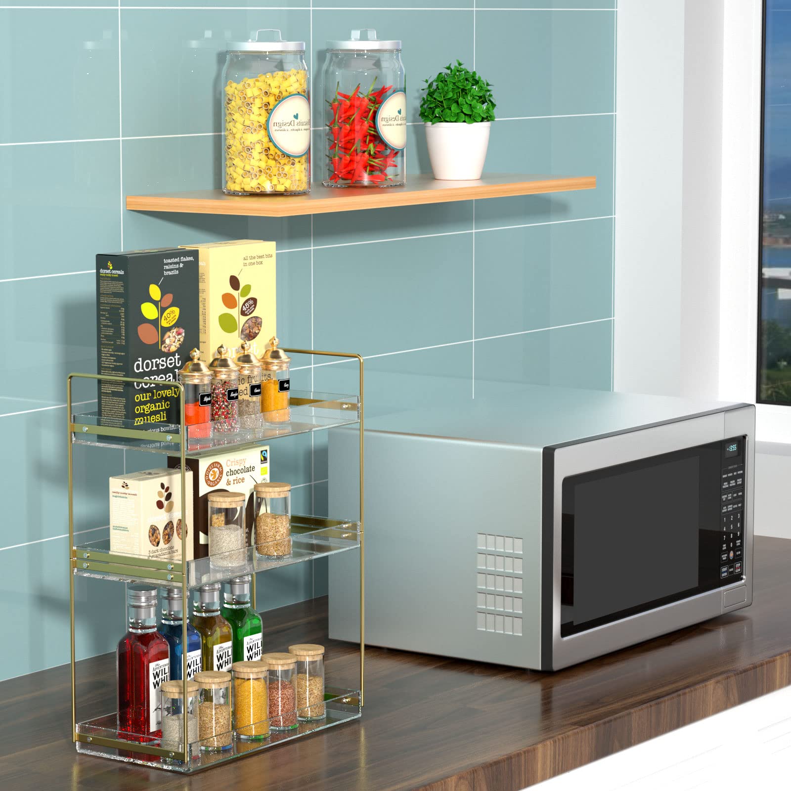 Bathroom Countertop Organizer, 3 Tier Acrylic Tray Vanity Counter Skincare Organizer Shelf, Kitchen Under Sink Standing Rack, Home Storage Holder for Lotion Makeup Cosmetics Perfume Spice, Gold