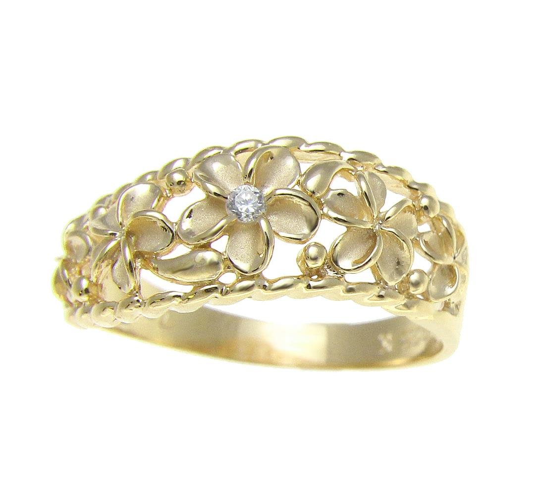 Arthur's Jewelry Yellow gold plated 925 sterling silver 5 Hawaiian plumeria flower cz ring curve style Size 9