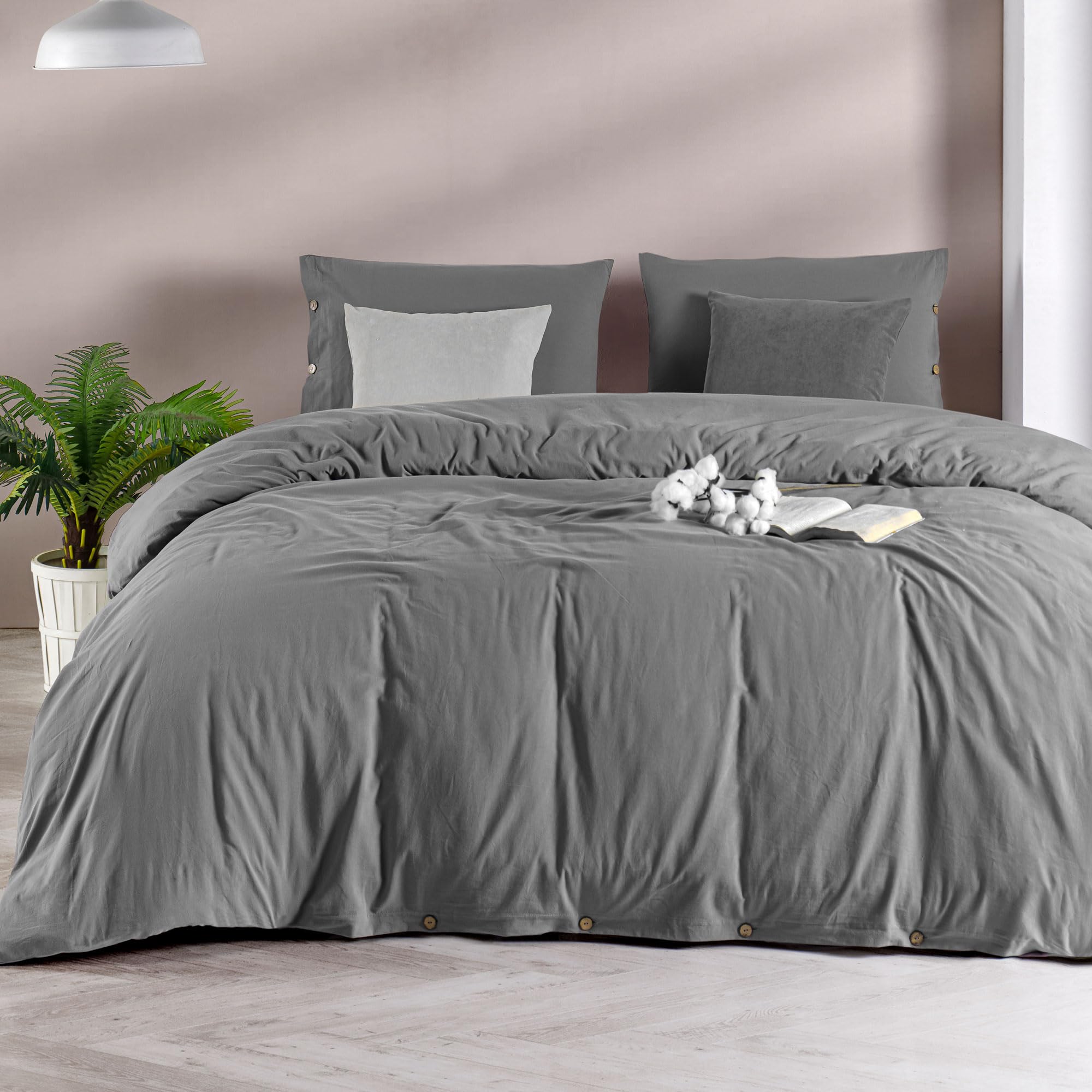 Lavien Home, 0 Washed Cotton Duvet Cover Set Grey Queen Size, Linen Like Luxury Soft Bedding with 2 Pillow Shams Buttons Closure (Queen, 90"x90")
