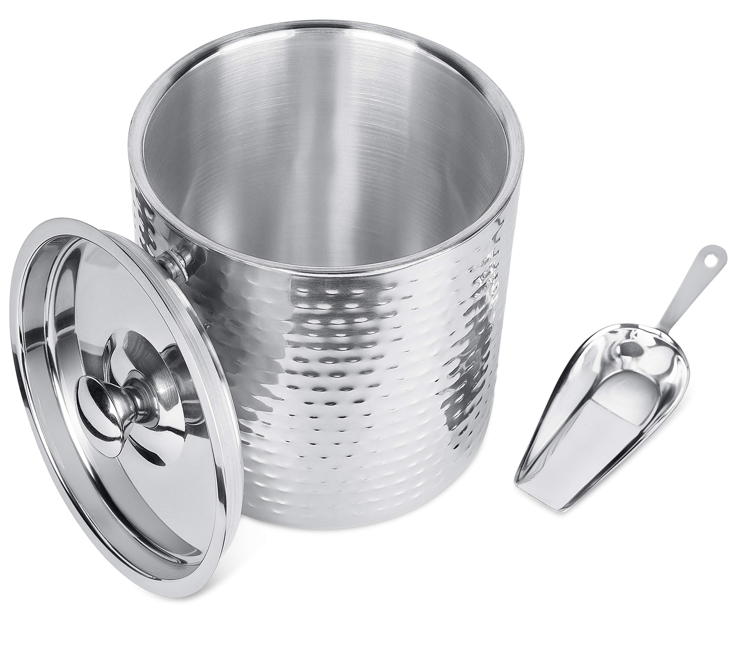 BirdRock Home Ice Bucket with Scoop & Lid - 2.8 Liter Hammered 18/8 Stainless Steel Container for Bar - Double Wall Insulated Bucket with Carrying Handle - Great for Parties - (Silver)