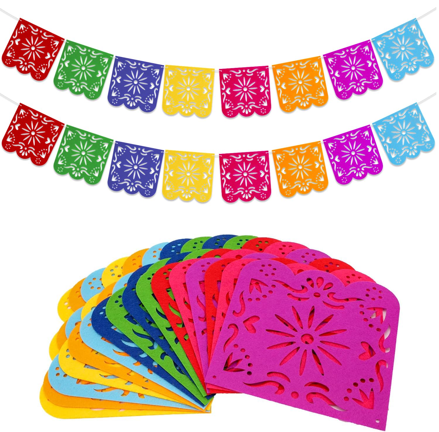 Qpout 2 Pieces Mexican Party Decorations Banners, Felt Colorful Day of the Dead Papel Picado Banner, Fiesta Birthday Baby Shower Party Decorations, Dia De Los Muertos Garland, Cinco de Mayo Flags